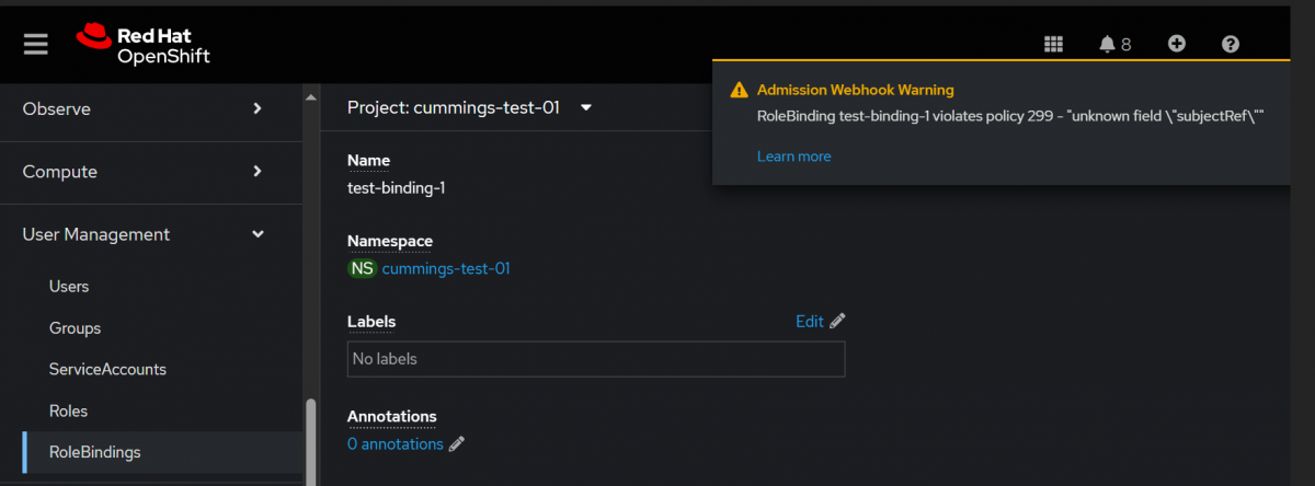 Create RoleBinding will trigger Admission Webhook Warning in RHOCP4 - Red Hat Customer Portal